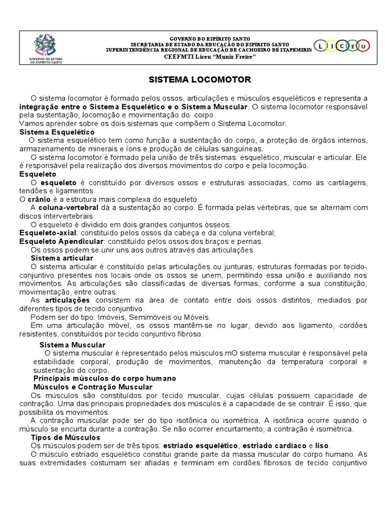 Sistema Locomotor Conteúdo E Atividade Pdf