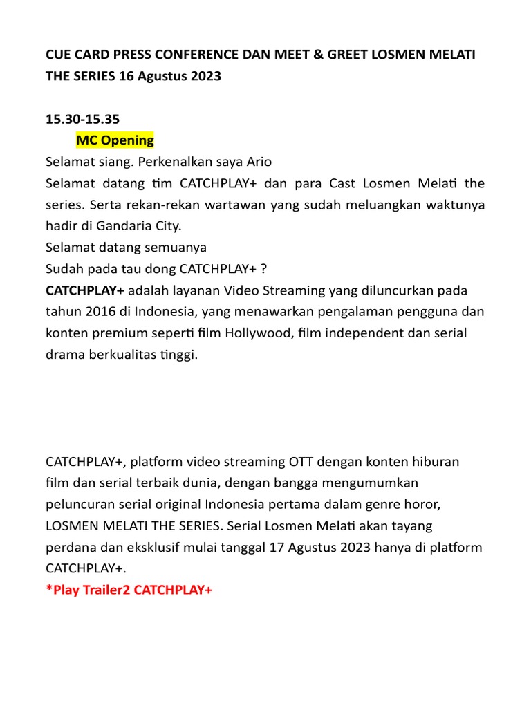 Cue Card Press Conference Losmen Melati | PDF | Griya & Taman | Seni