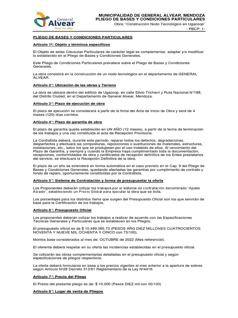 Ejemplo de Pliego de Bases y Condiciones Particulares | PDF