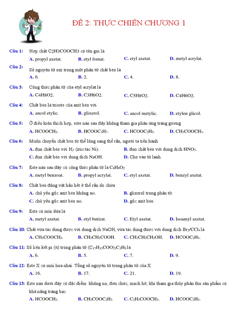 ĐỀ KTRA CHƯƠNG 1 ESTE - LIPIT (L2) | PDF