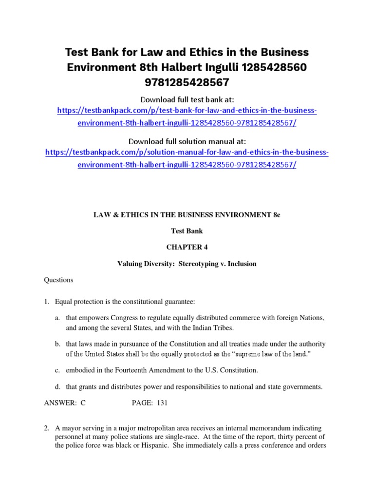 Test Bank for Law & Ethics 8th Edition | PDF