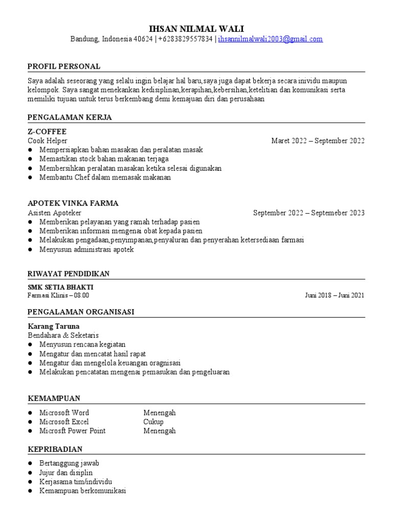 CV Apoteker untuk ATS PDF | PDF