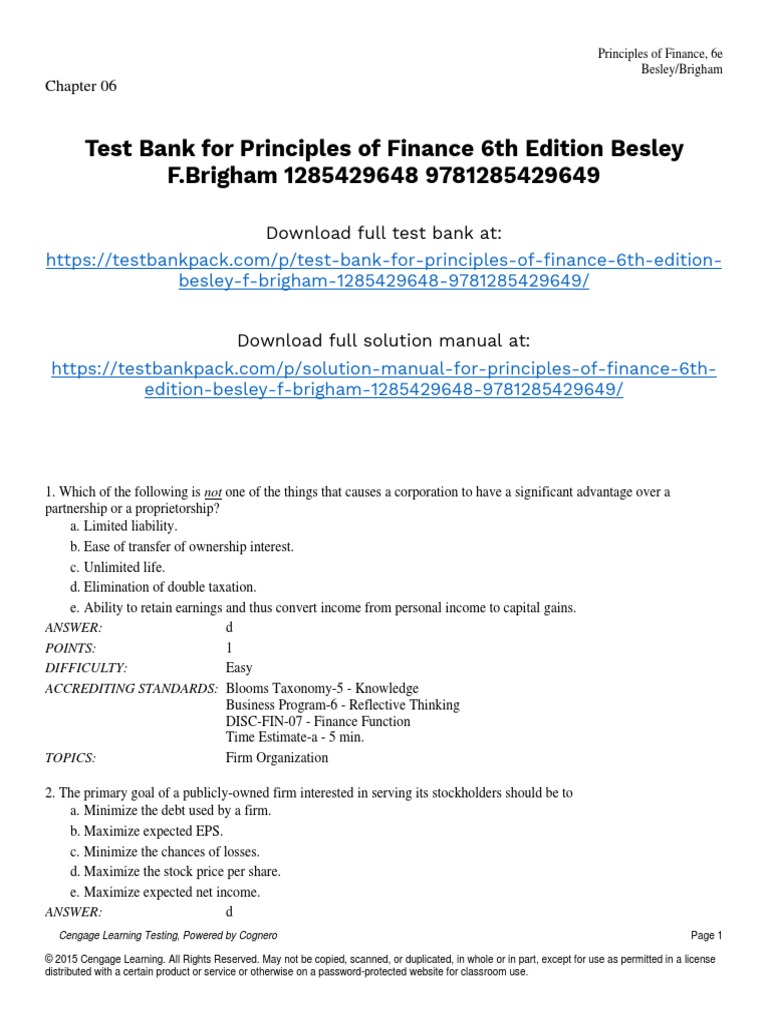 Principles of Finance 6th Edition Besley Test Bank 1 | PDF