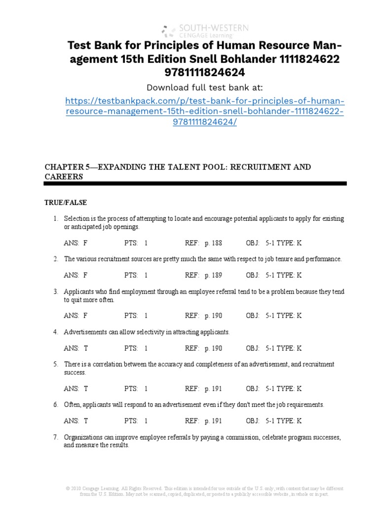 Principles of Human Resource Management 15th Edition Snell Test Bank 1 ...