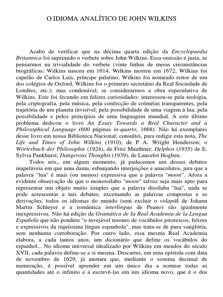 Jorge Luis Borges - O Idioma Analítico de John Wilkins | PDF