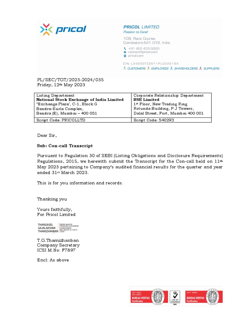 Pricol Concall | PDF