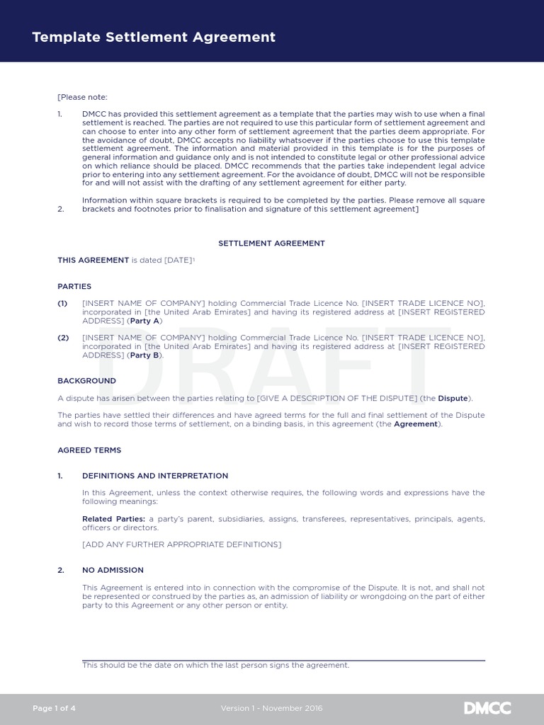 Template Settlement Agreement Guide | PDF | Indemnity | Civil Law ...