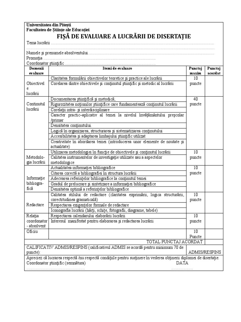 Fisa de Evaluare Lucrare Disertatie | PDF