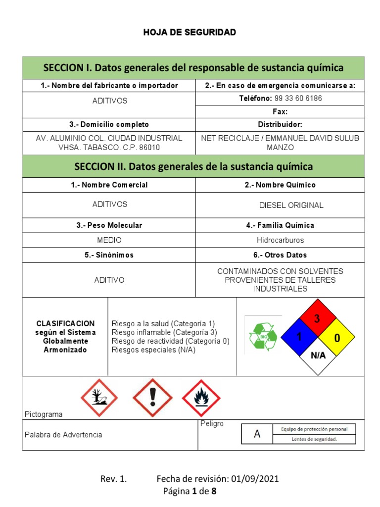 Hoja de Seguridad Diesel Original Net | PDF | Agua | Química