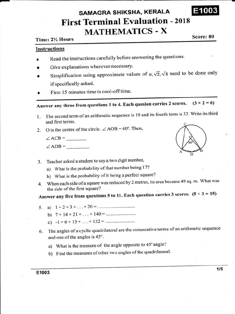 STD 10 Onam First Term Exam 2018 Question Paper - Maths - English ...