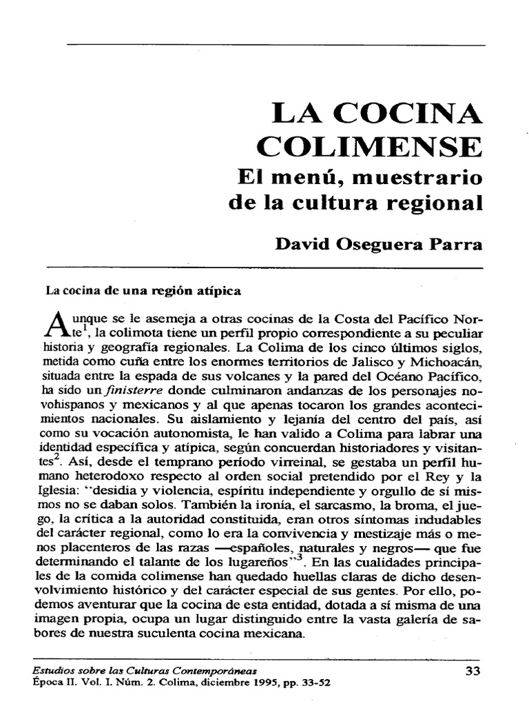 LA COCINA COLIMENSE. El Menú, Muestrario de La Cultura Regional. David Oseguera Parra | PDF