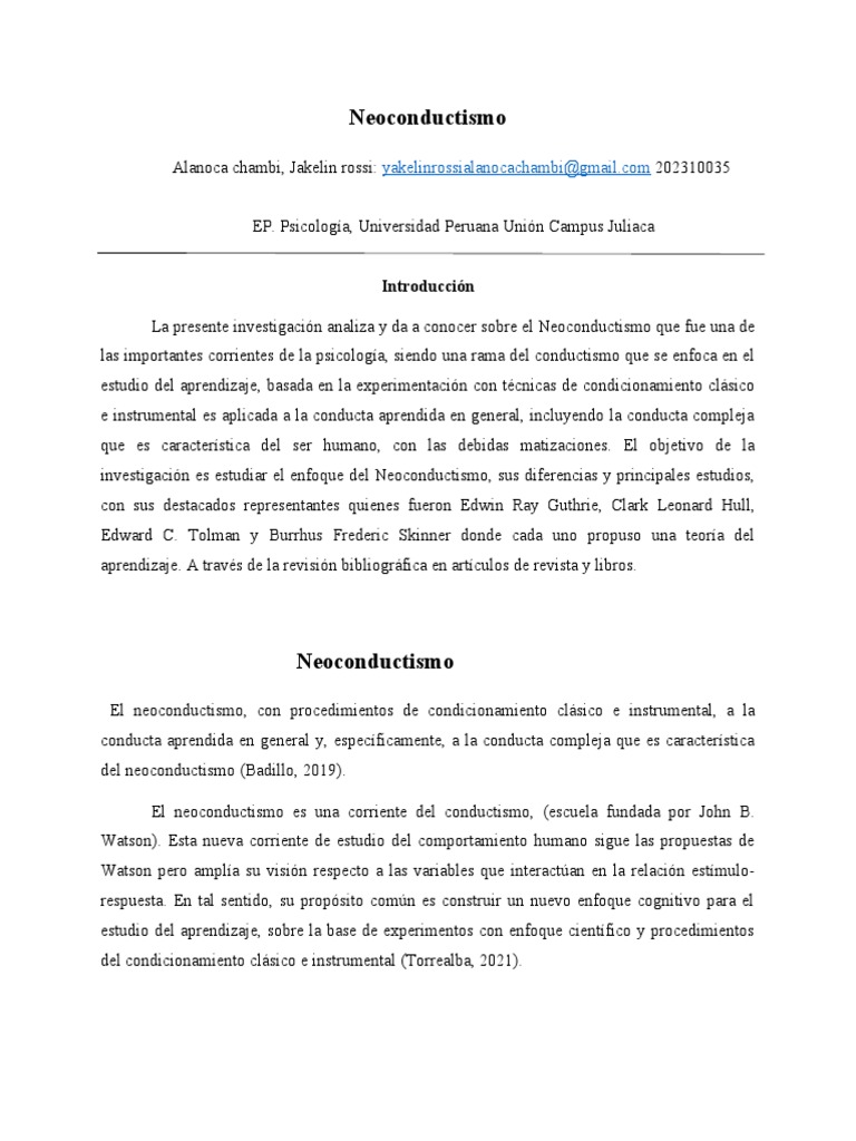 Neoconductismo Jakelin Rossi | PDF | Behaviorismo | Sicología