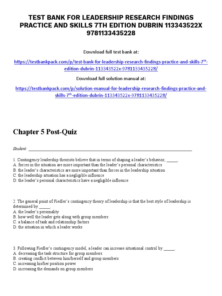 Leadership Research Findings Practice and Skills 7th Edition DuBrin ...