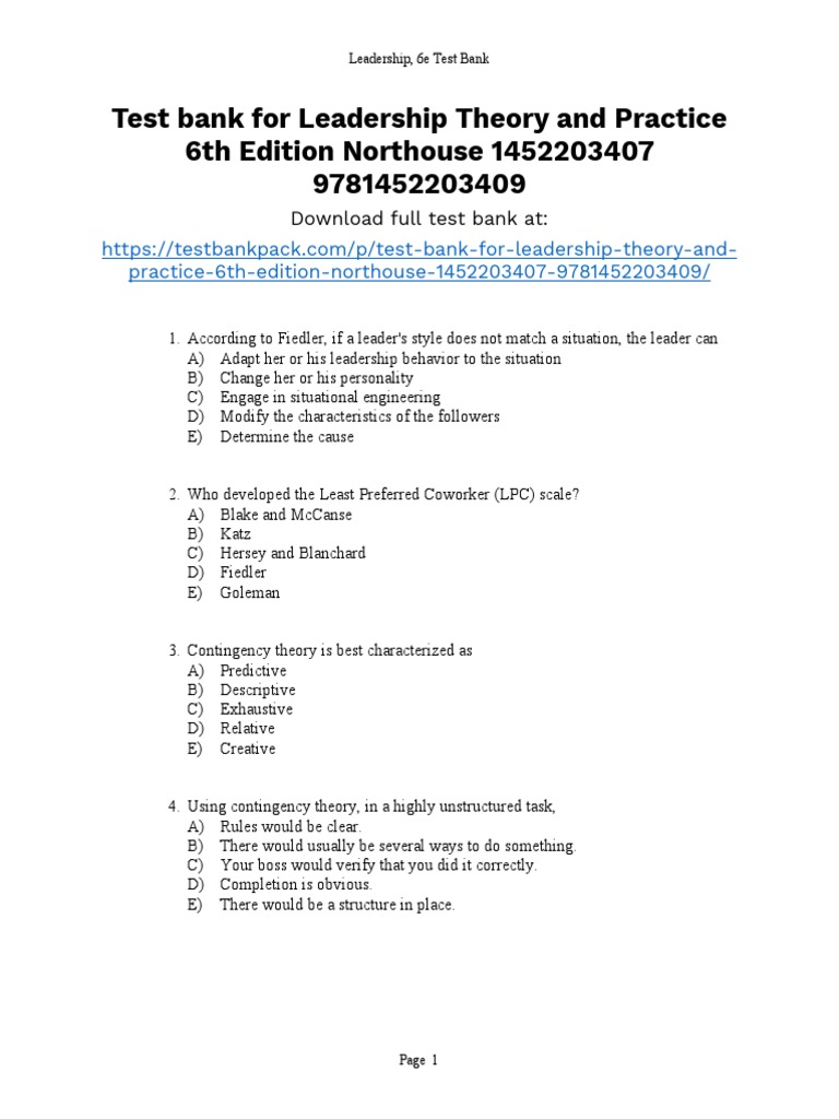 Leadership Theory and Practice 6th Edition Northouse Test Bank Download ...