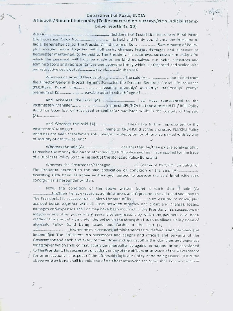 Indemnity Bond for Duplicate Bond | PDF