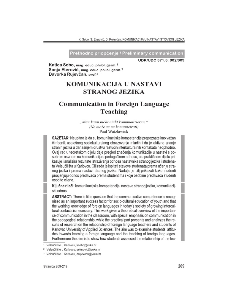 Komunikacija U Nastavi Stranog Jezika | PDF