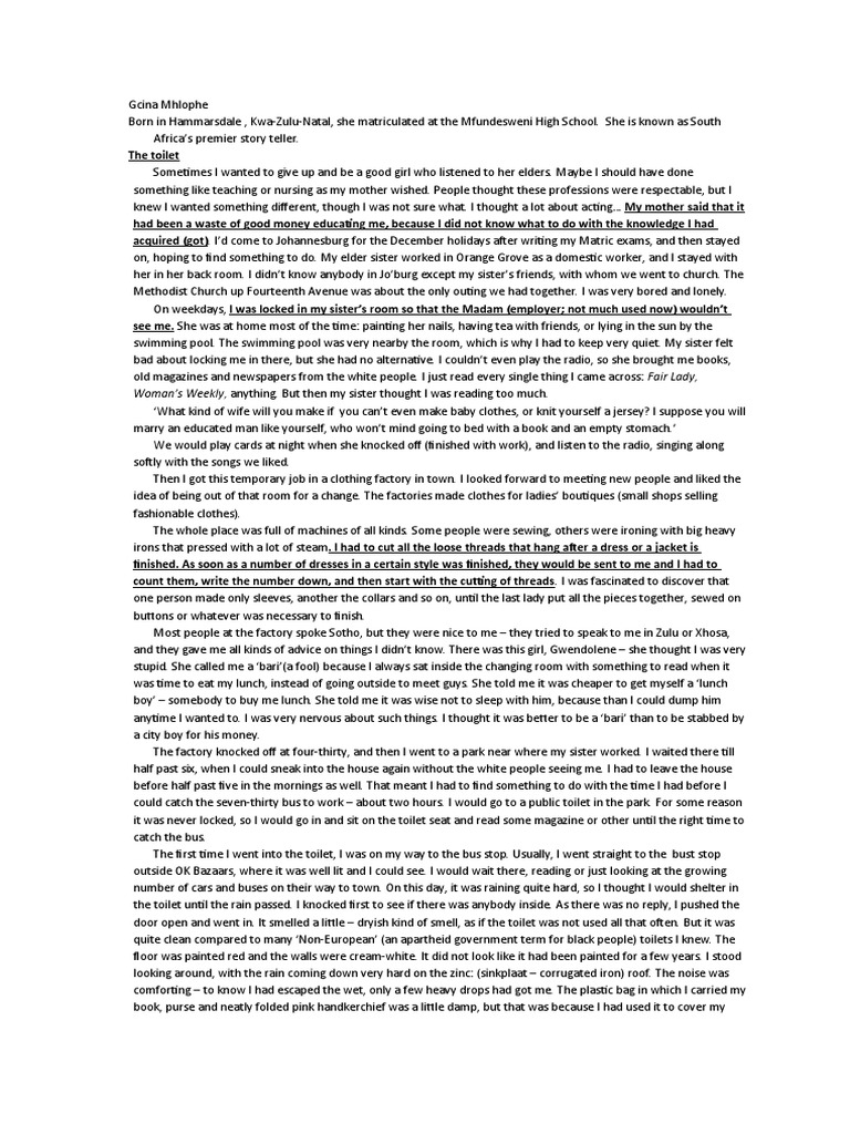 Gcina Mhlophe's "The Toilet" Story | PDF | Poetry