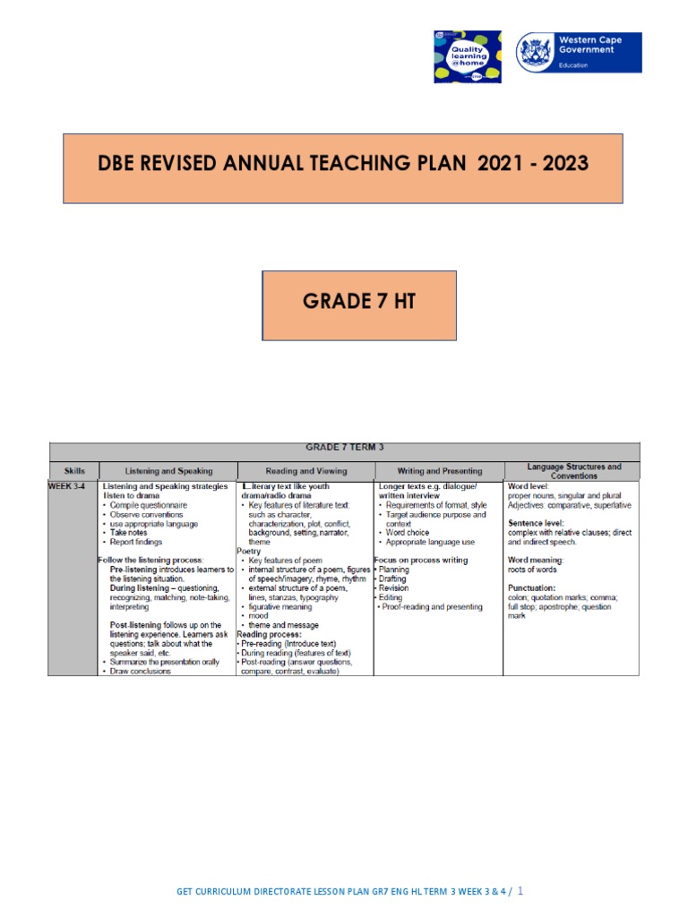 Lesson Plan Gr7 Eng HL T3 W3 & 4 | Download Free PDF | English Language | Poetry