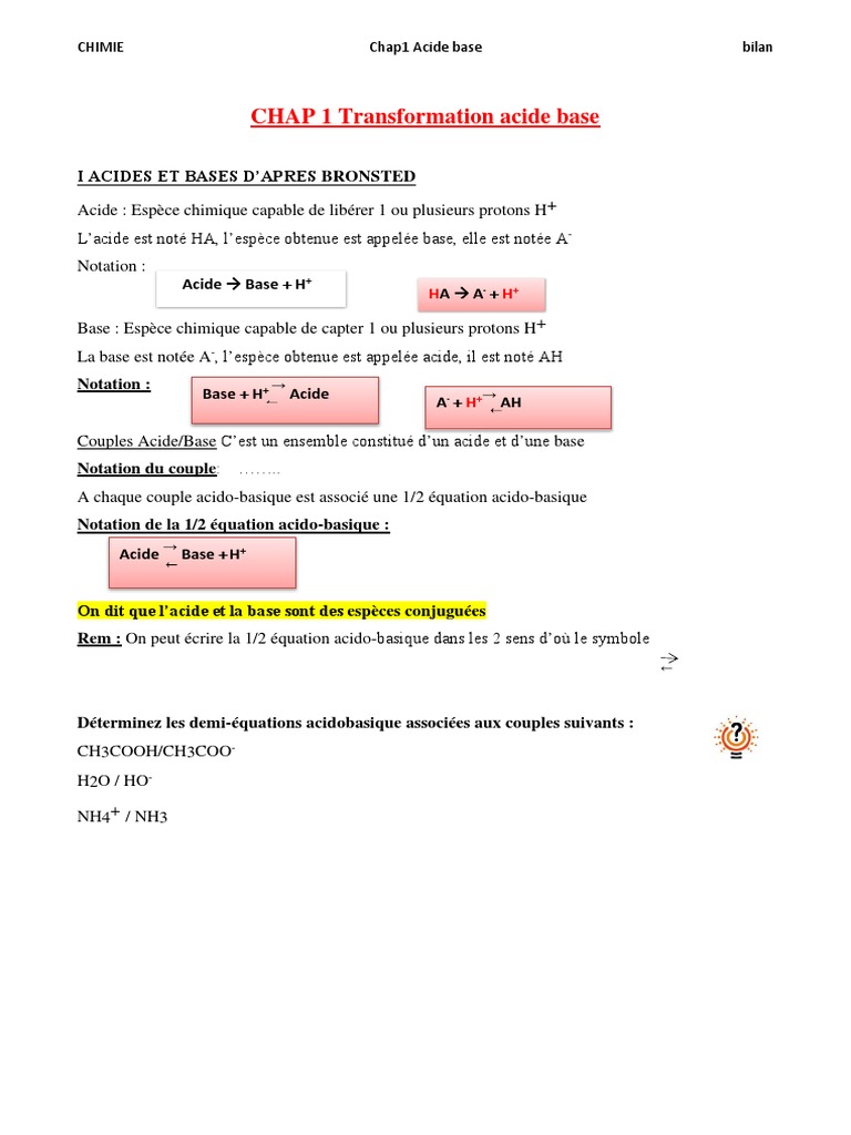 CHAP 1 Transformation acide base eleve | PDF