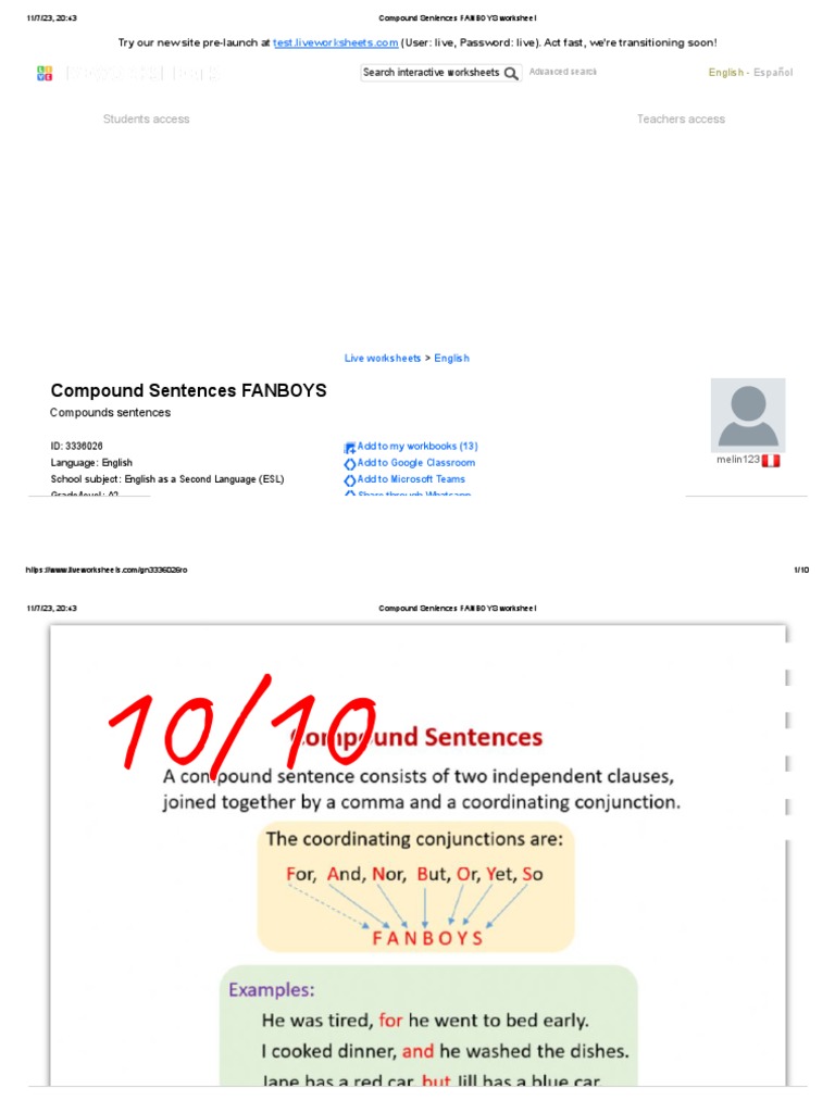 Compound Sentences FANBOYS Worksheet | PDF | Worksheet | English As A ...