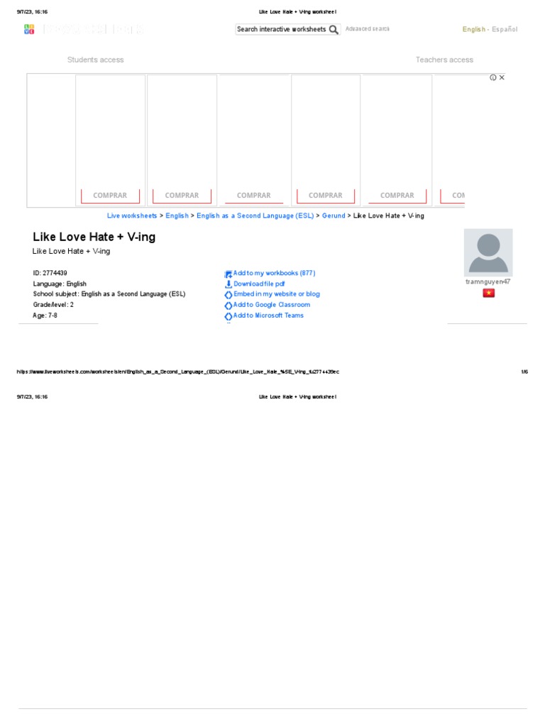Like Love Hate + V-Ing Worksheet | PDF