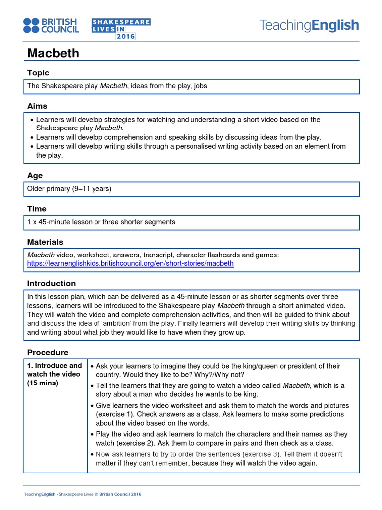 Teaching Kids Shakespeare Macbeth Lesson Plan | PDF | Macbeth | Lesson Plan
