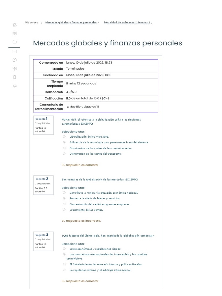 Mercados Globales y Finanzas Personales - Modalidad de Exámenes - Semana 1 | PDF