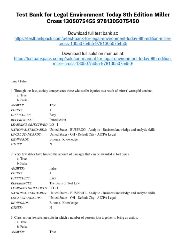 Legal Environment Today 8th Edition Miller Test Bank Download | PDF