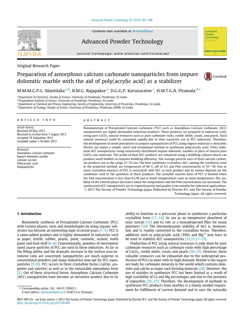 Preparation of Amorphous Calcium Carbonate Nanoparticles From Impure ...