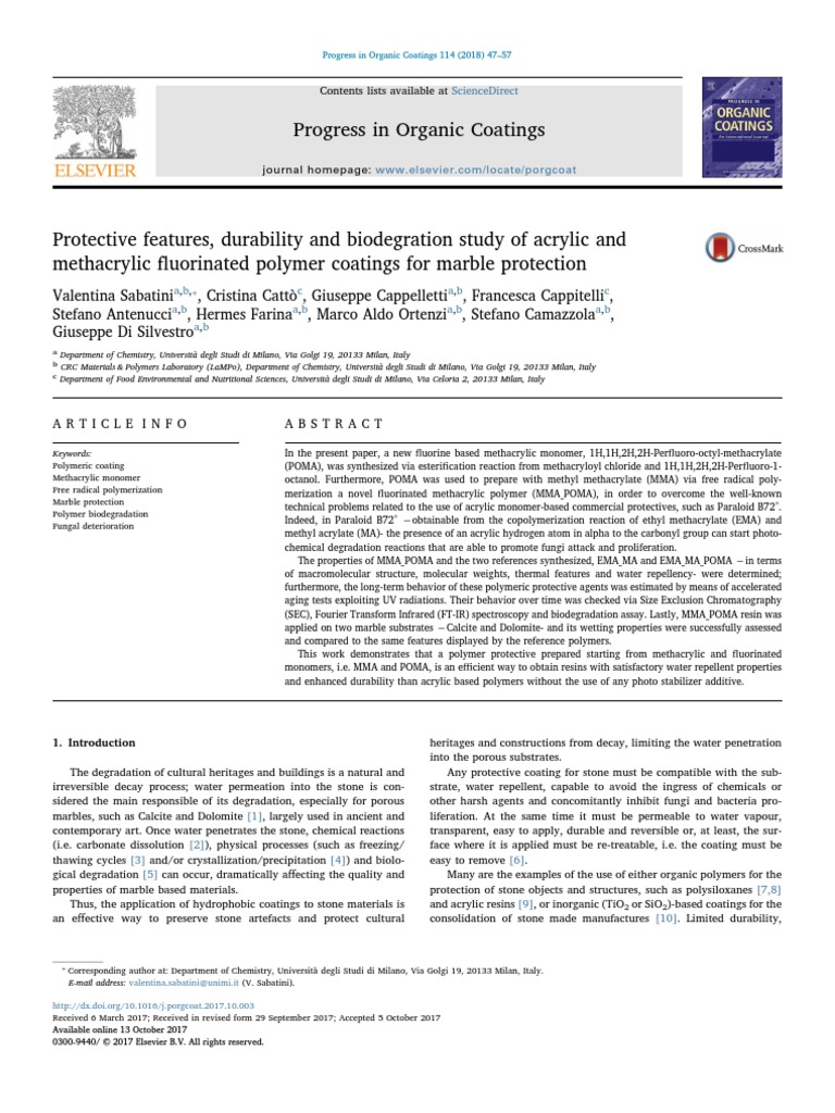 Protective Features, Durability and Biodegration Study of Acrylic and Methacrylic Fluorinated ...