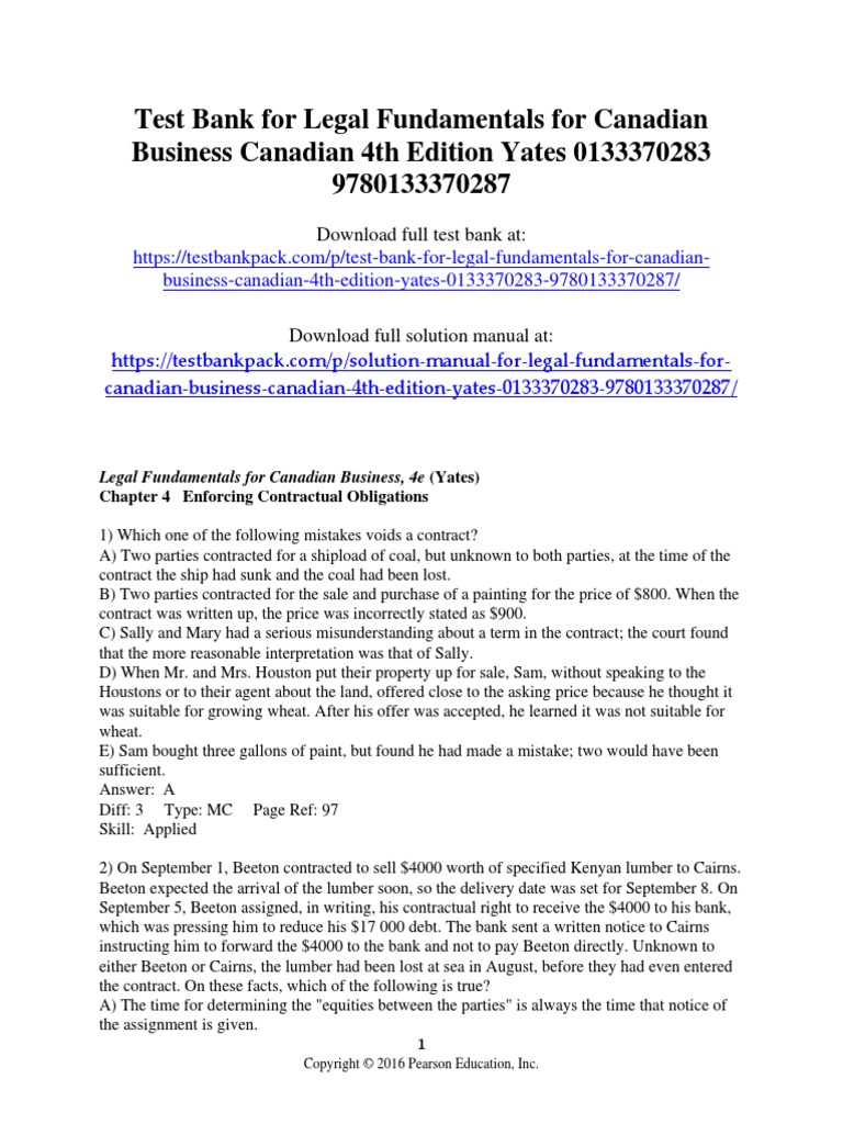 Legal Fundamentals For Canadian Business Canadian 4th Edition Yates ...