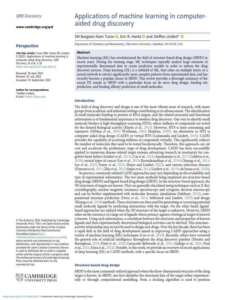 Applications of Machine Learning in Computer Aided Drug Discovery | PDF