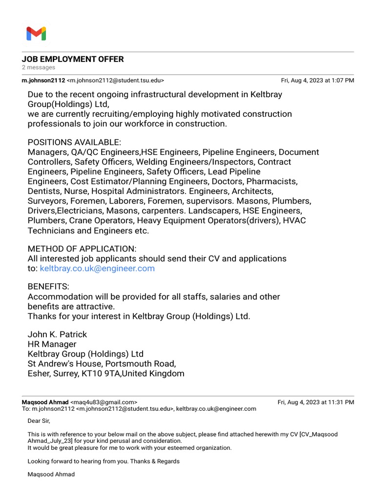 Gmail - Job Employment Offer | PDF