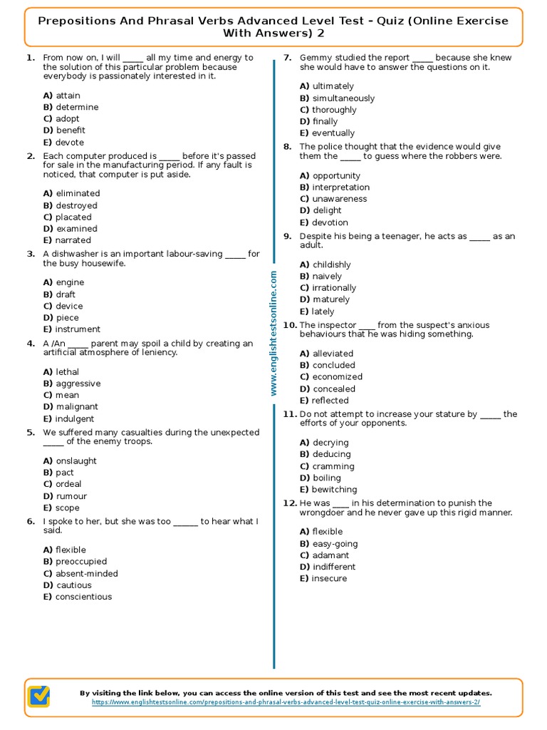 395 - Prepositions and Phrasal Verbs Advanced Level Test Quiz Online ...