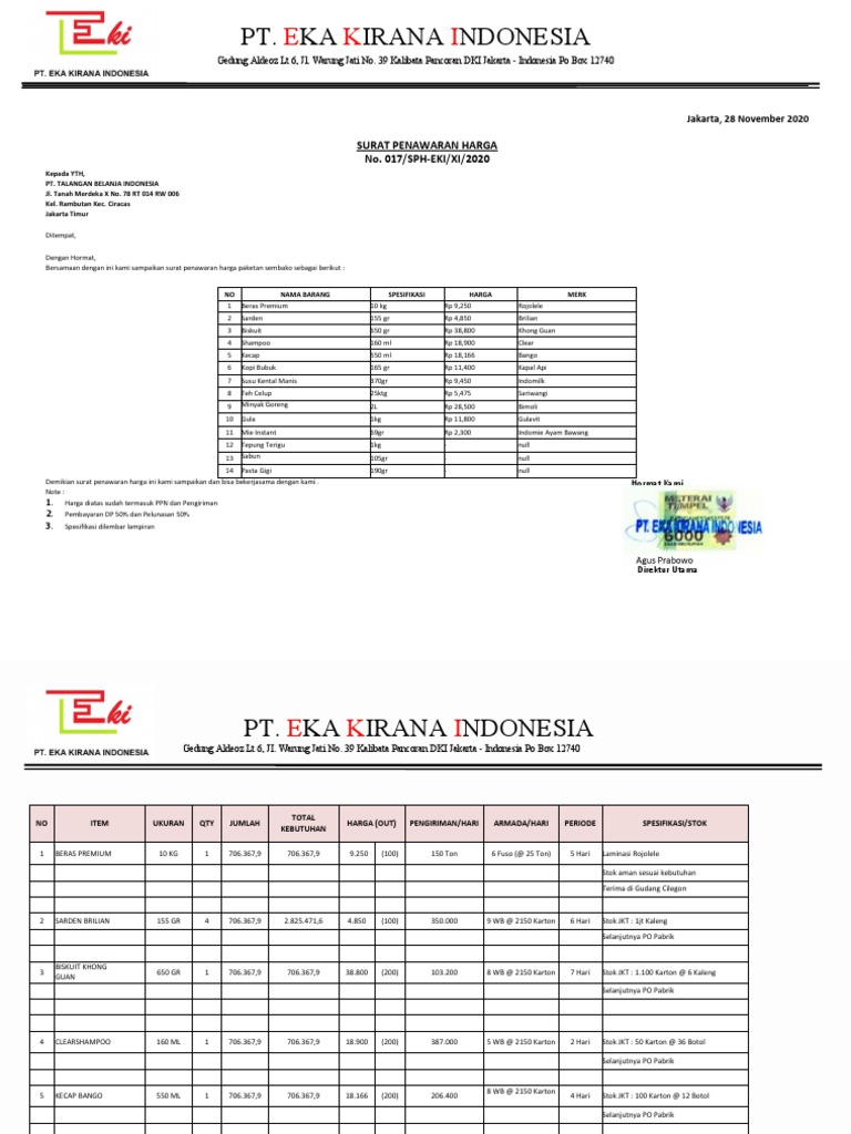 Surat Penawaran Harga PT. EKI Terbaru 2 Des 2020 Ke TBI | PDF