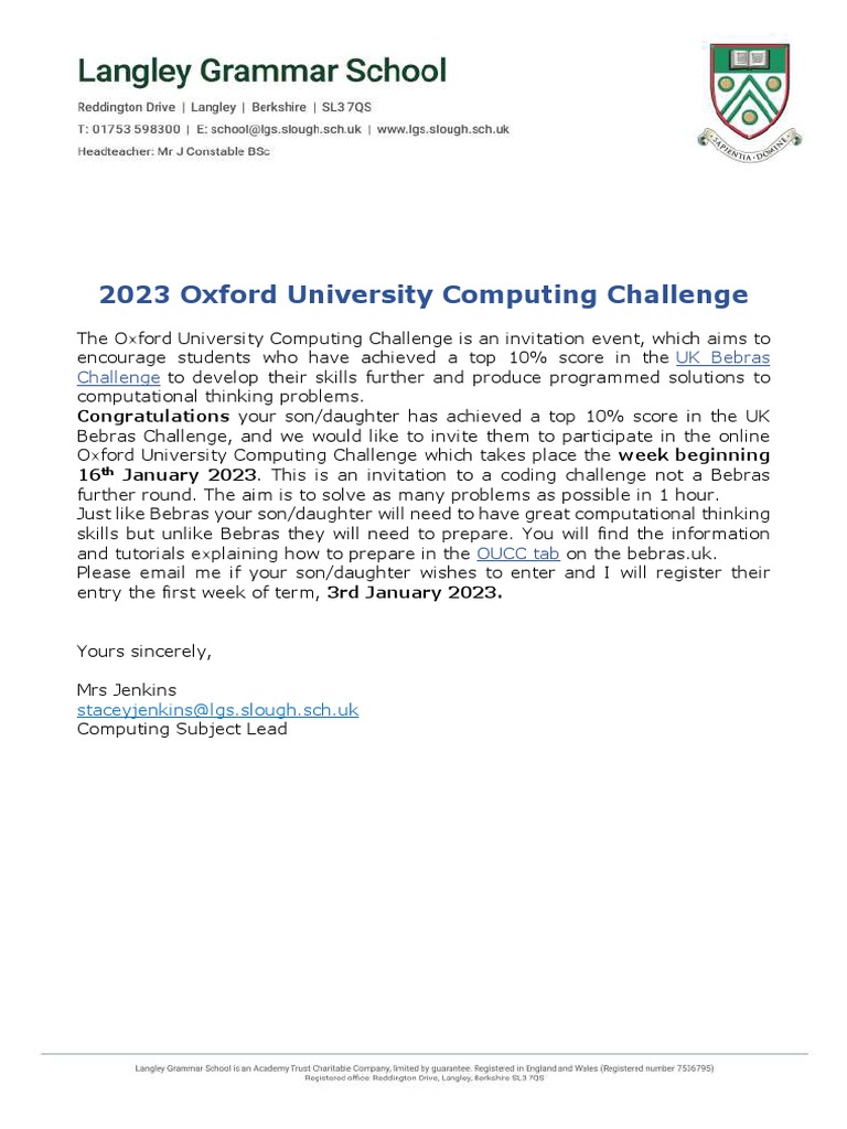 OUCC Oxford University Computing Challenge Invitation Letter | PDF