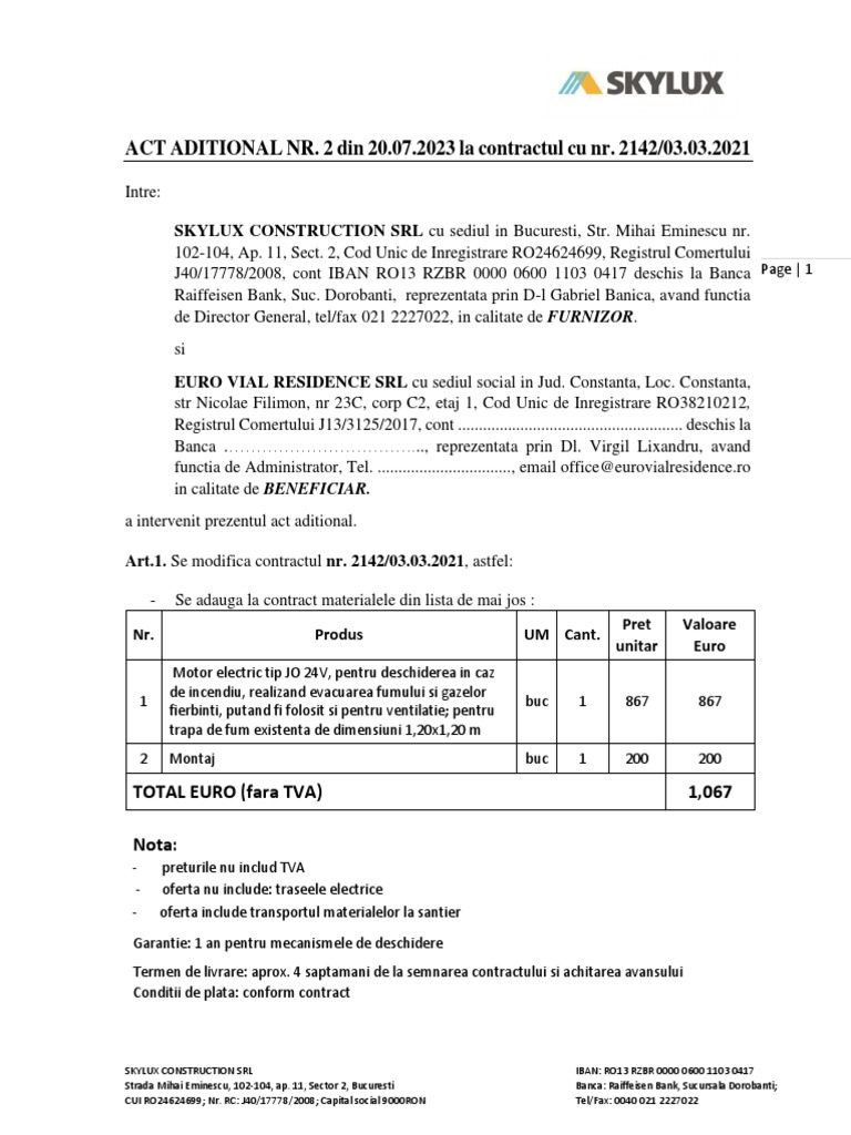 Act Aditional Nr. 1 - Inlocuire Motor | PDF