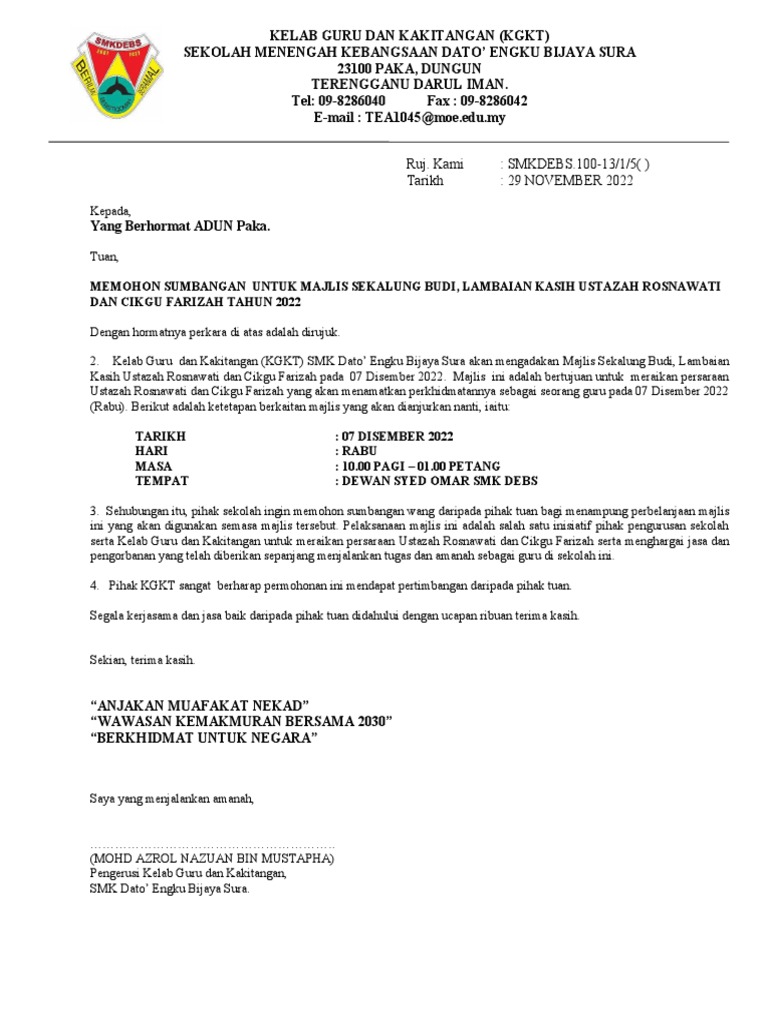 Surat Mohon Sumbangan Majlis Persaraan 2022 Yb | PDF