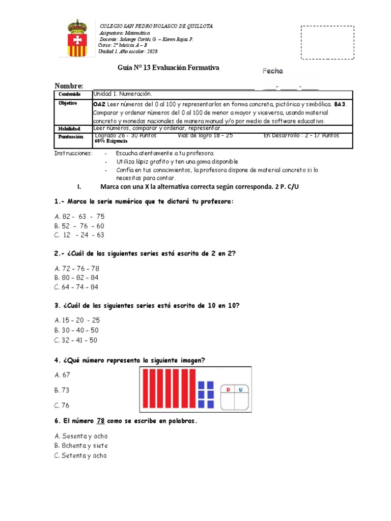Guia 13 Ev. Formativa - Unidad 1 Segundo Básico | PDF