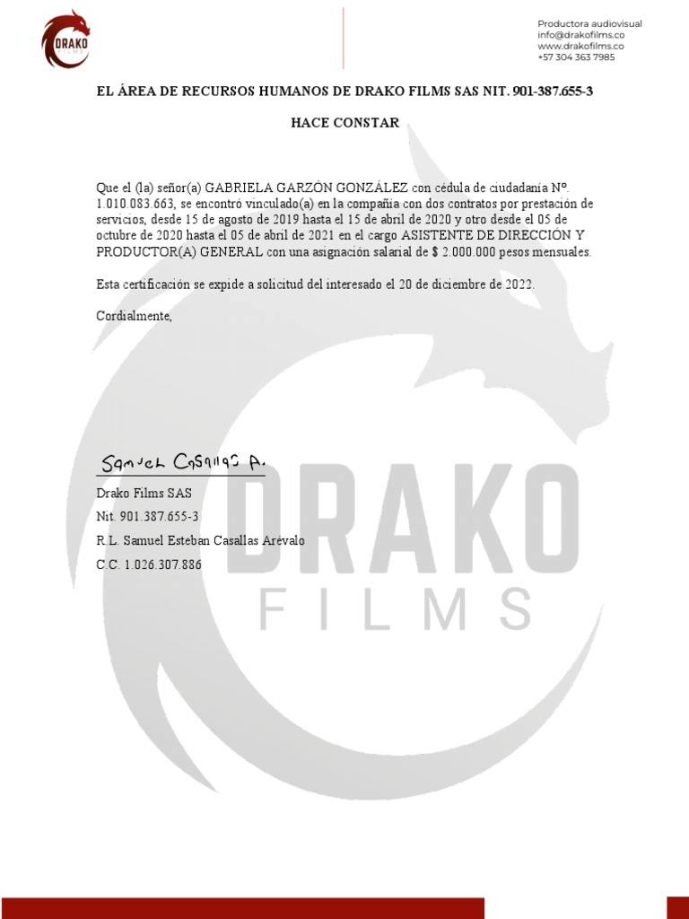Certificacion Laboral Drako Films | PDF