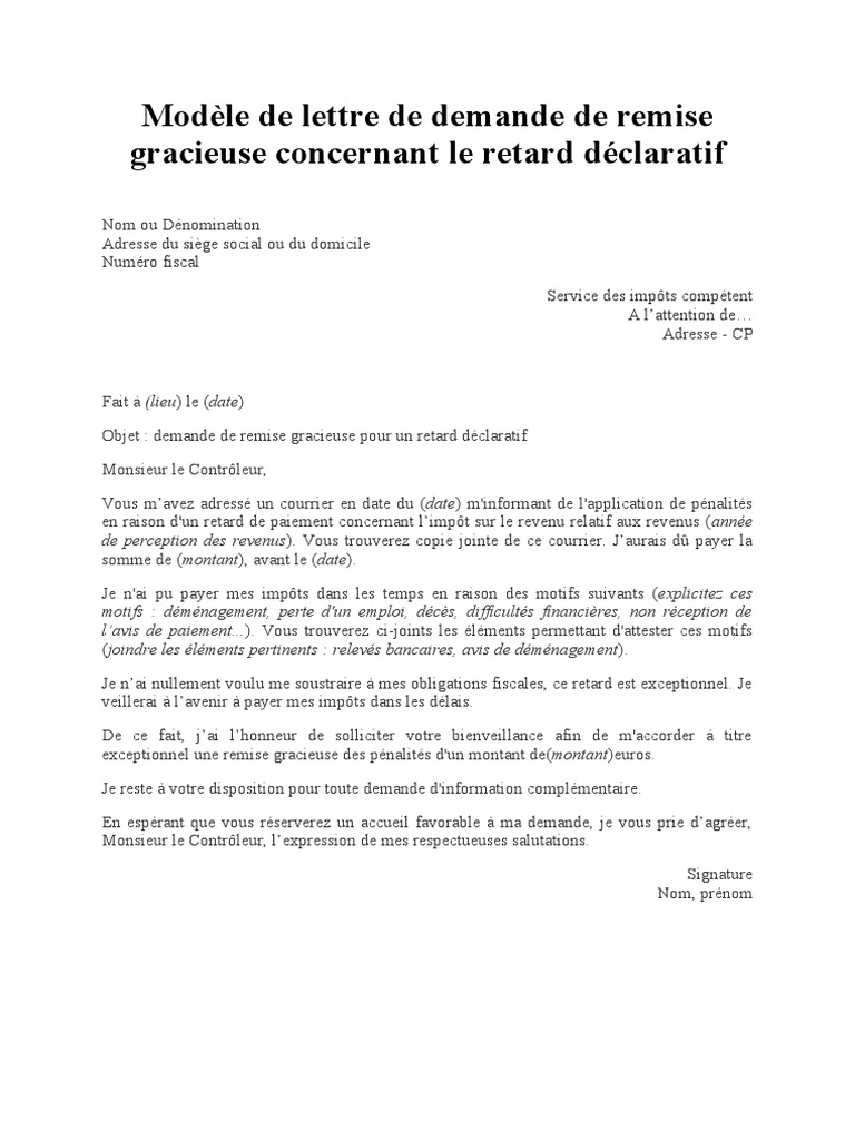 Modele de Lettre de Demande de Remise Gracieuse Concernant Le Retard Declaratif | PDF