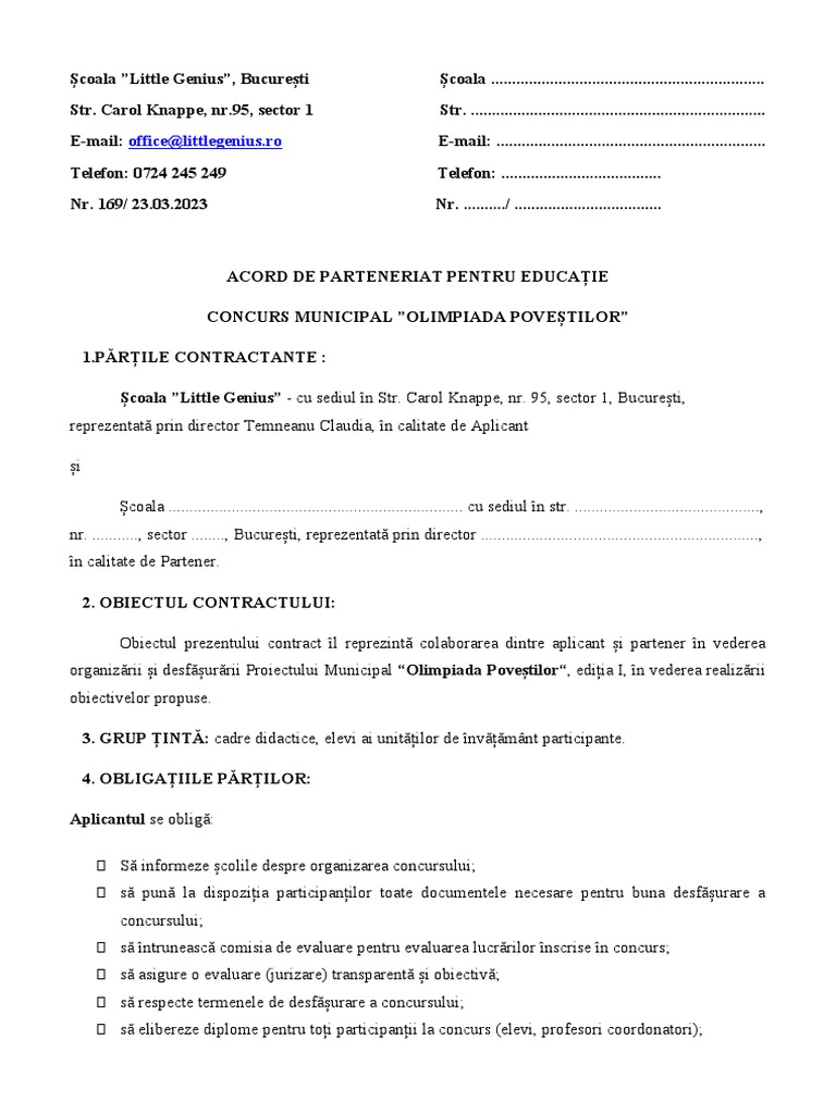 Olimpiada Poveștilor - Acord Parteneriat | PDF