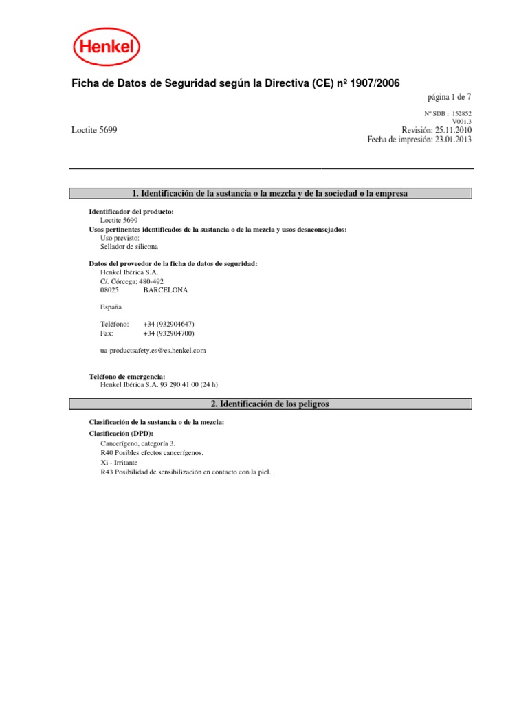 Hoja de Seguridad Msds Loctite 5699 | PDF | Agua | Residuos