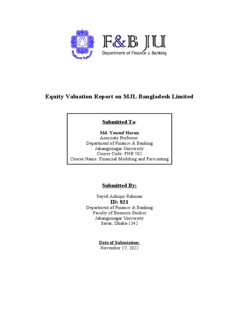Equity Valuation Report On MJL Bangladesh Limited: Submitted To | PDF