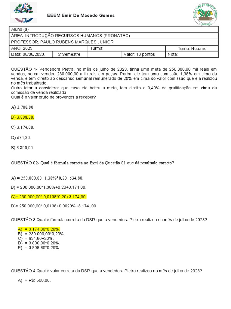 Cálculo de Comissões e DSR em Vendas | PDF | Finanças e Administração ...