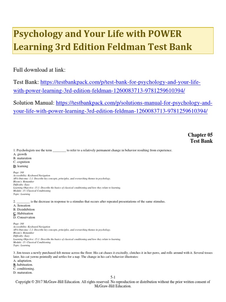 Psychology and Your Life With POWER Learning 3rd Edition Feldman Test ...