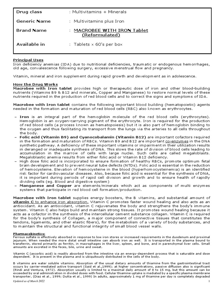 Macrobee with Iron: Uses & Benefits | PDF