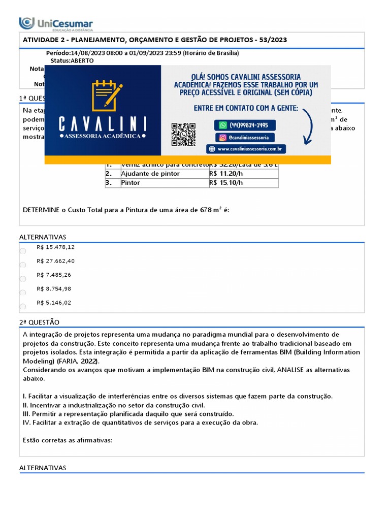 Atividade 2 - Planejamento, Orçamento e Gestão de Projetos - 53-2023 | PDF