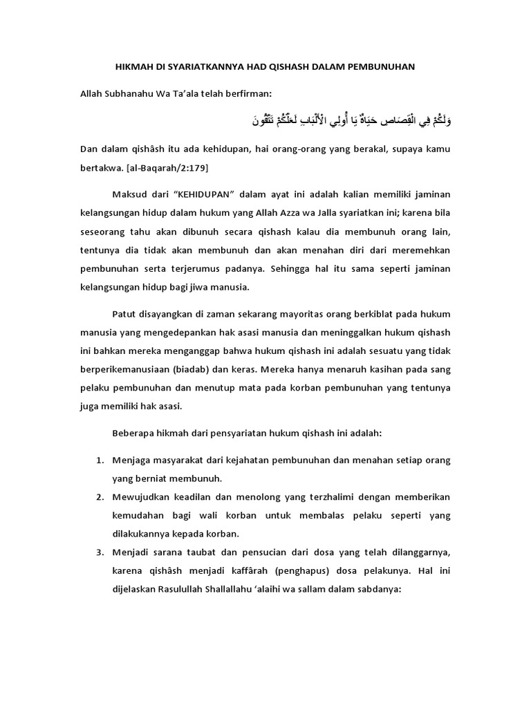 Hikmah Di Syariatkannya Had Qishash Dalam Pembunuhan | PDF