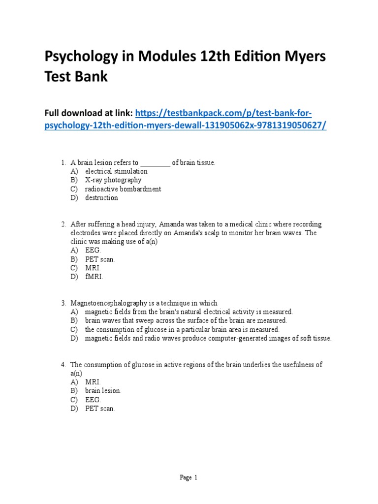 Psychology in Modules 12th Edition Myers Test Bank 1 | PDF | Amygdala ...